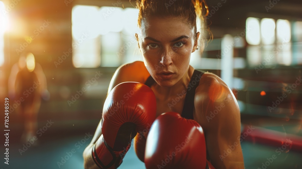 Female boxer with red boxing gloves in boxing gym. Athletic woman with ...