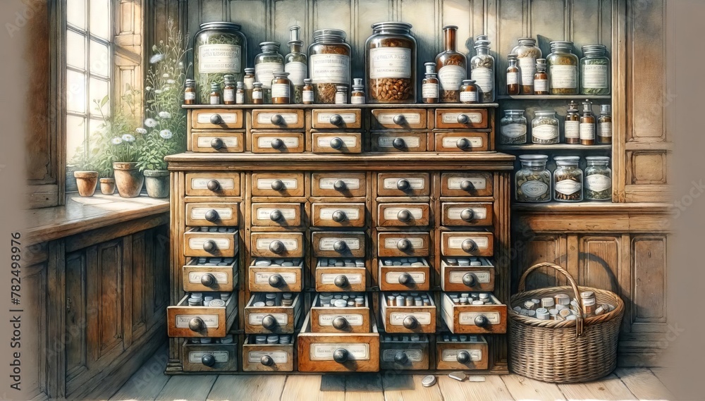 Digital art of Vintage drawer cabinet in an old pharmacy. Wooden ...
