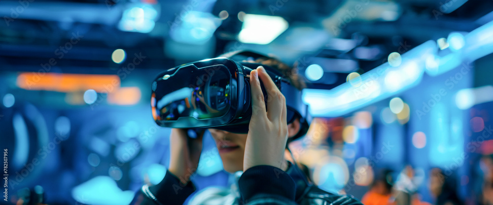 Young individual is immersed in a futuristic virtual reality experience ...