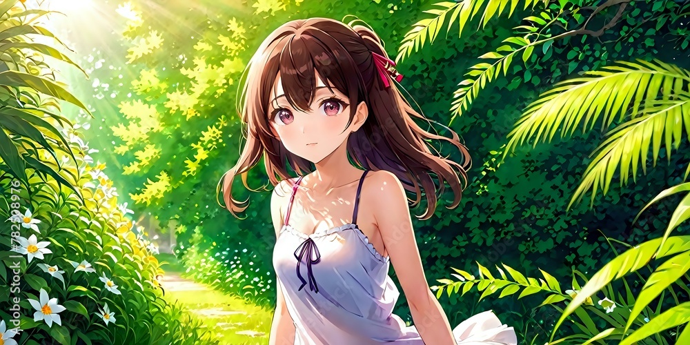 Cute anime girl on a background of bushes, anime wallpaper ...