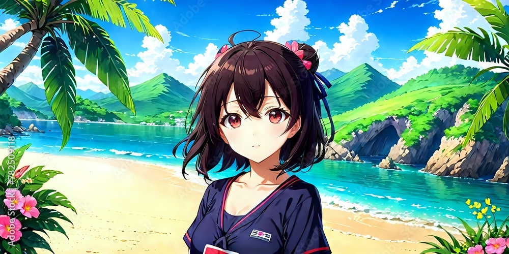 Cute anime girl on the background of a small island, anime wallpaper ...