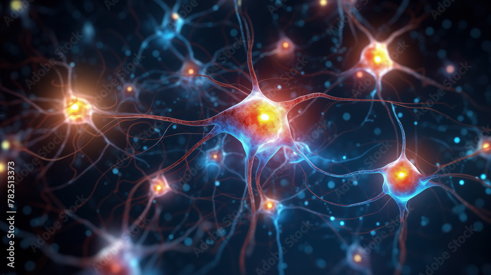Detailed representation of glowing brain neurons. Activated neural ...