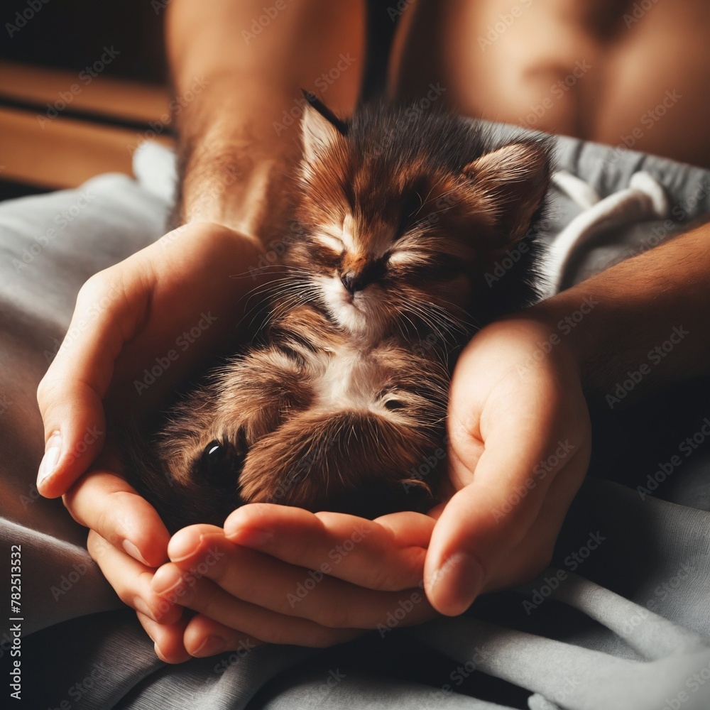 Capture the tender moment of a human and a kitten sharing a cuddle at ...