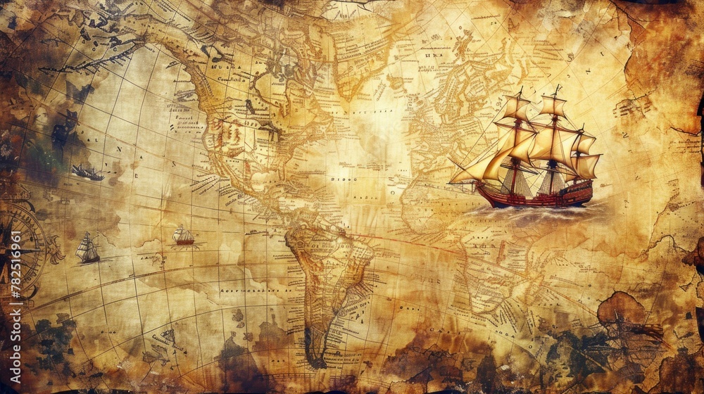 old map of the world with all the continents and a large ship sailing ...