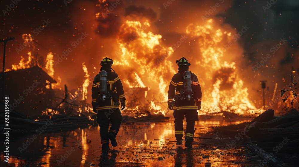 Silhouette of Firemen fighting a raging fire with huge flames of ...