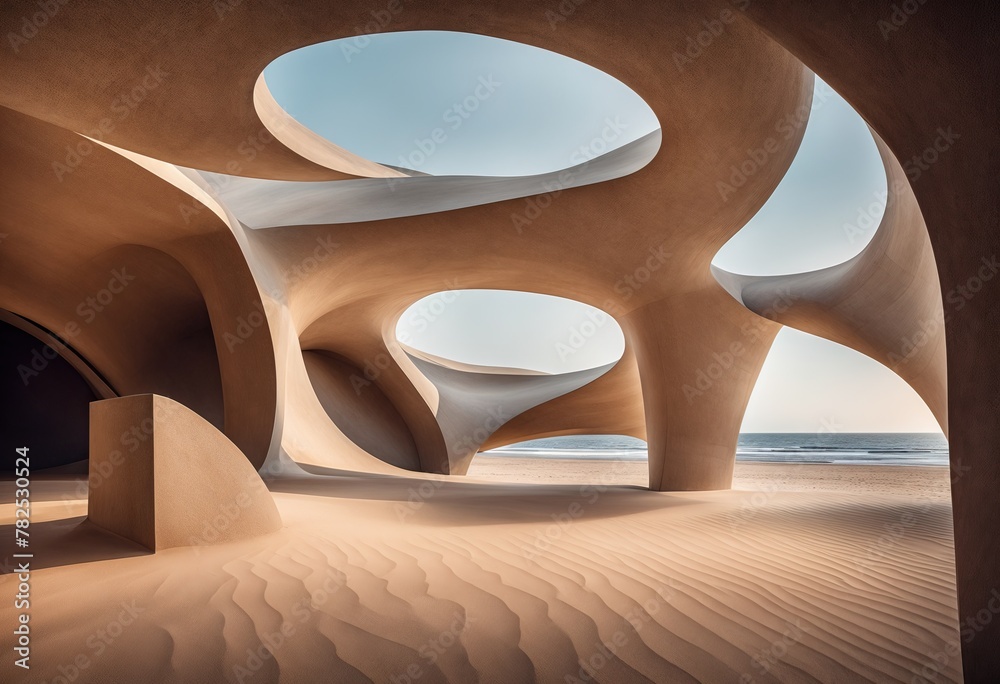 sand structure with circular holes and a view of the sea through one of ...