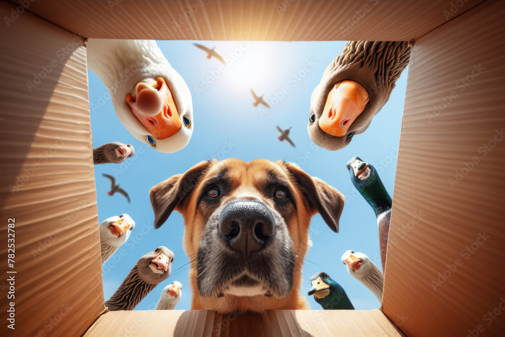 Generated image a dog and a goose look into a cardboard box, view from ...
