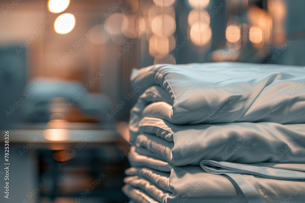 Stacked fresh hospital bed linens on a trolley, highlighted by soothing ...