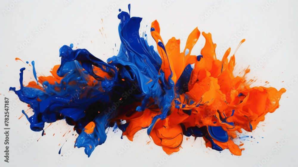 Dynamic splashes of neon orange and electric blue agnst a pure white ...