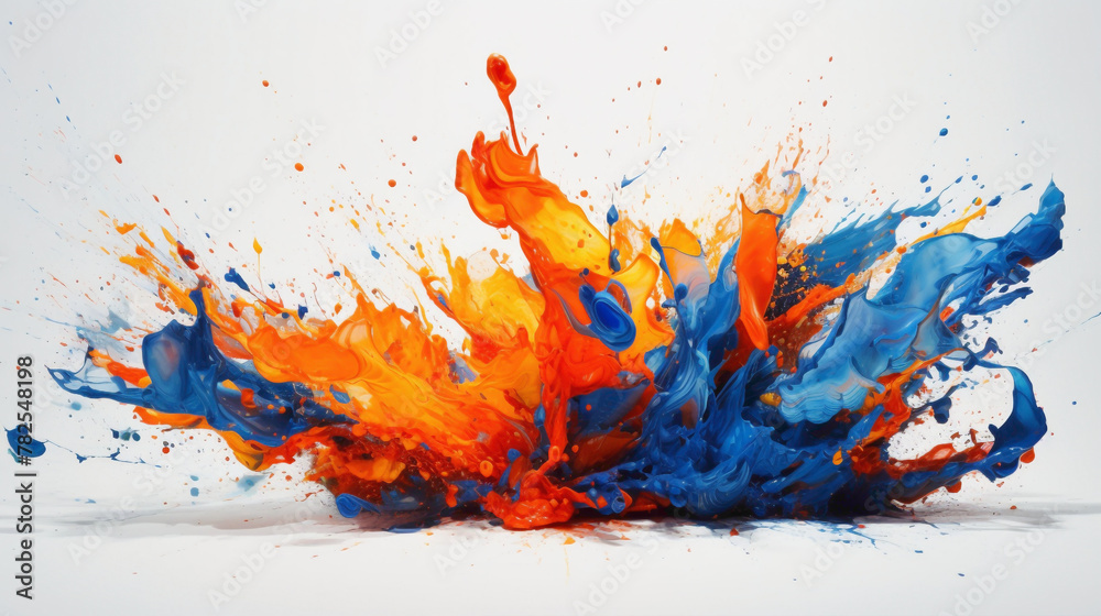 Dynamic Splashes Of Neon Orange And Electric Blue Agnst A Pure White Background Capturing The