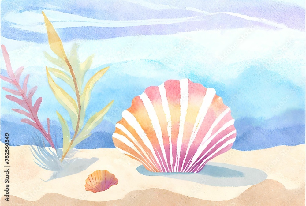 Watercolor marine life background with seashells, seaweed, abstract sea ...