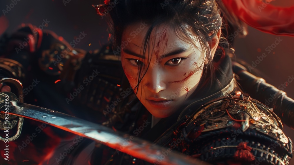 Digital art of female samurai with a katana. Mysterious futuristic ...