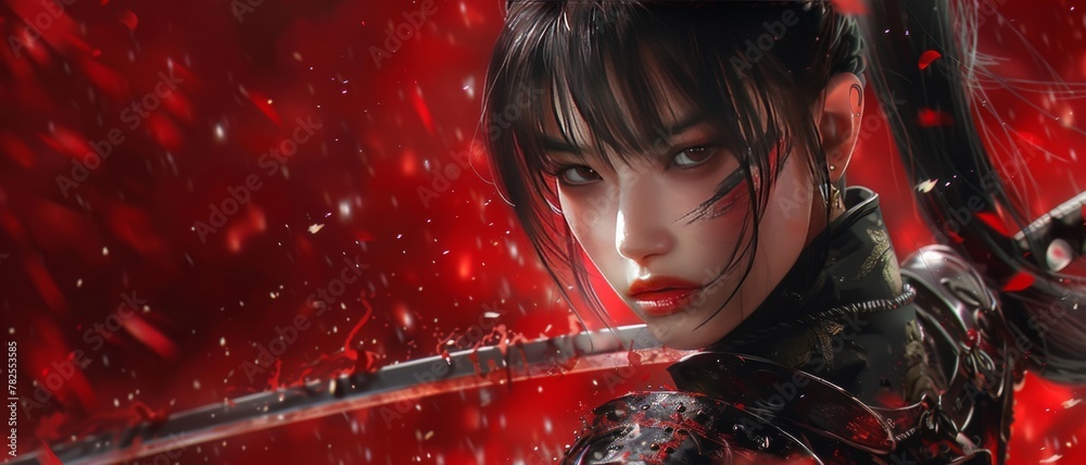 Digital art of female samurai with a katana. Mysterious futuristic ...