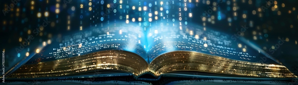 Binary code and alphabet letters flowing from a book, minimalist, blend ...