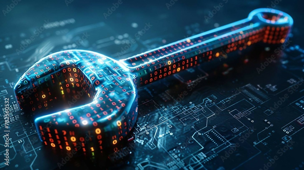 Poster, Foto blue digital wrench spanner with glowing binary code, AI in maintenance management ...