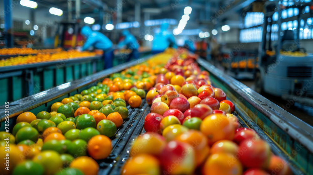 Vibrant tomatoes being sorted and processed on a conveyor belt in a ...