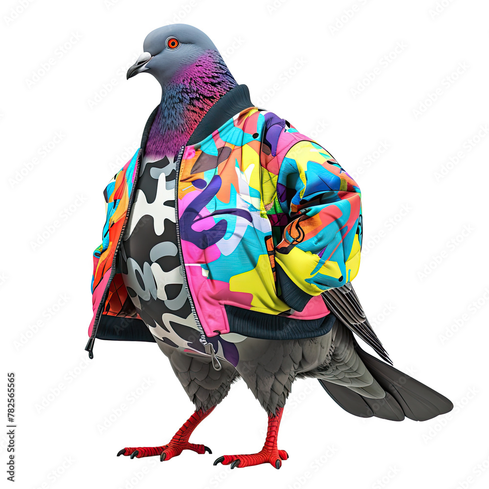 Pigeon wearing vibrant cartoon jacket walks confidently on a runway ...