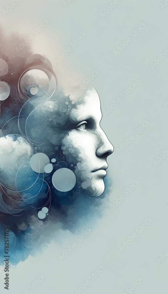 Vertical portrait of a woman's face merging with spherical shapes ...