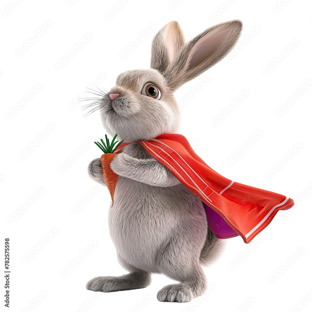 Rabbit with carrot in mouth and red scarf, cartoon rabbit pretending to ...