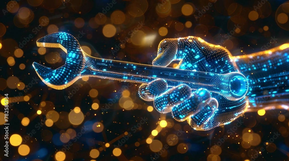 blue digital hand holding wrench spanner with glowing binary code, AI in maintenance management ...