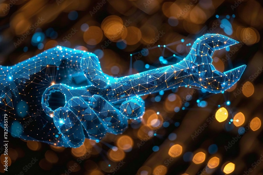 blue digital hand holding wrench spanner with glowing binary code, AI in maintenance management ...