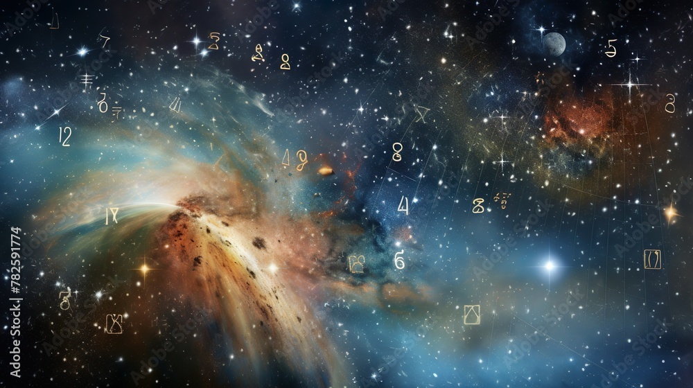 A galactic swirl adorned with zodiac signs creating a bridge between ...