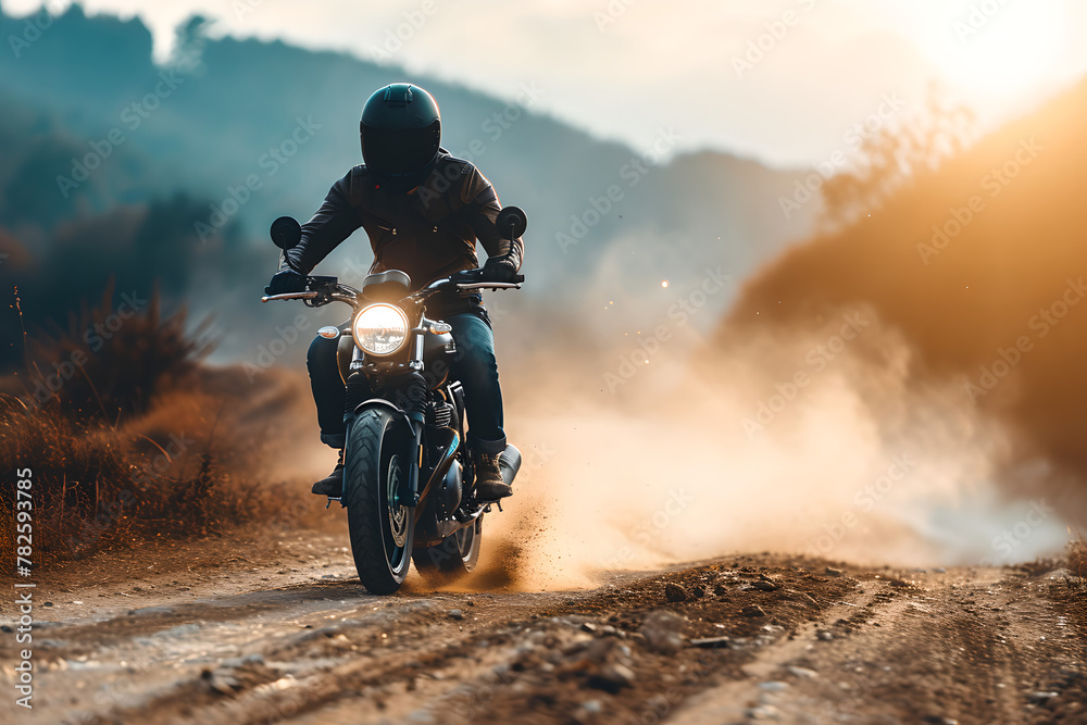 motorcycle rider on dirt road with helmet, action-packed scenes, high ...