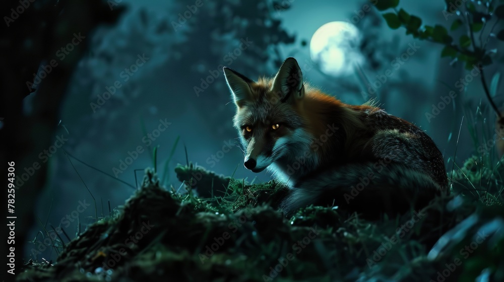 A cunning fox hunting for prey in the moonlit forest its eyes glinting ...