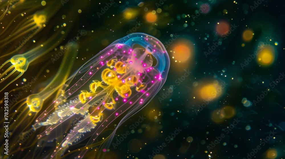 A colorful microscopic image of a jellyfish larvae surrounded by tiny ...