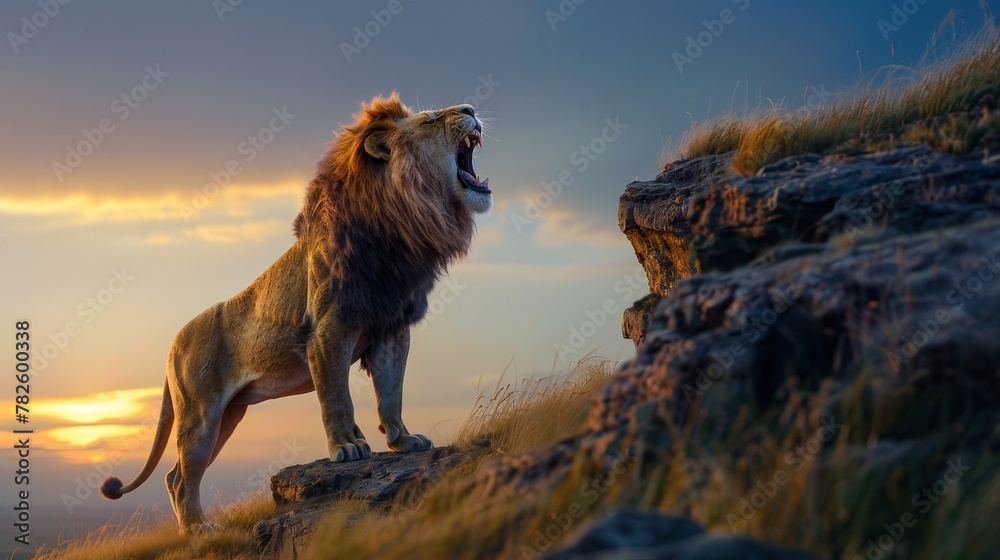 A majestic lion roaring at the top of a cliff its powerful voice ...