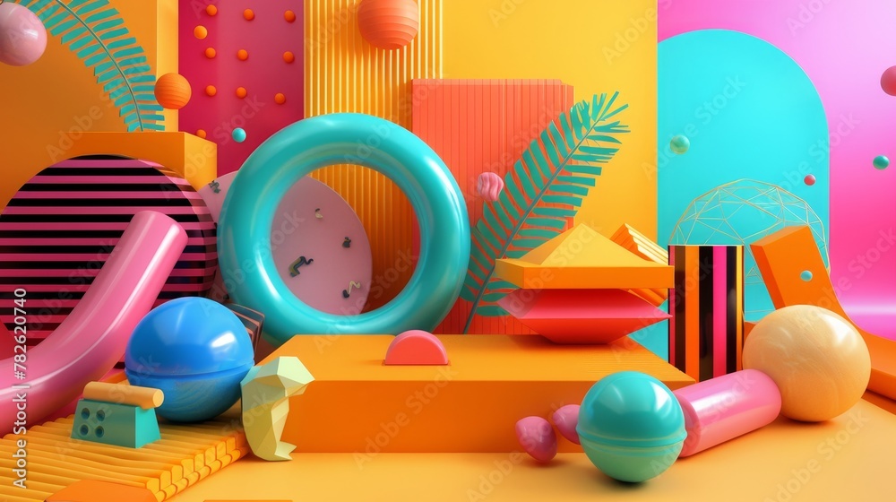 Bold and vibrant 3D renderings in a Memphis style 3D style isolated ...