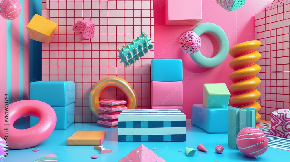 Bold and vibrant 3D renderings in a Memphis style 3D style isolated ...