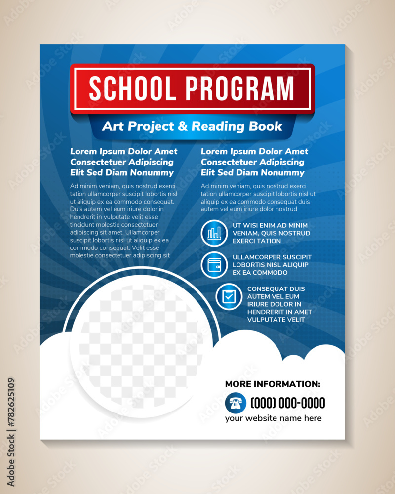 School program, art project and reading book banner design template. cloud, light shine, dot ...
