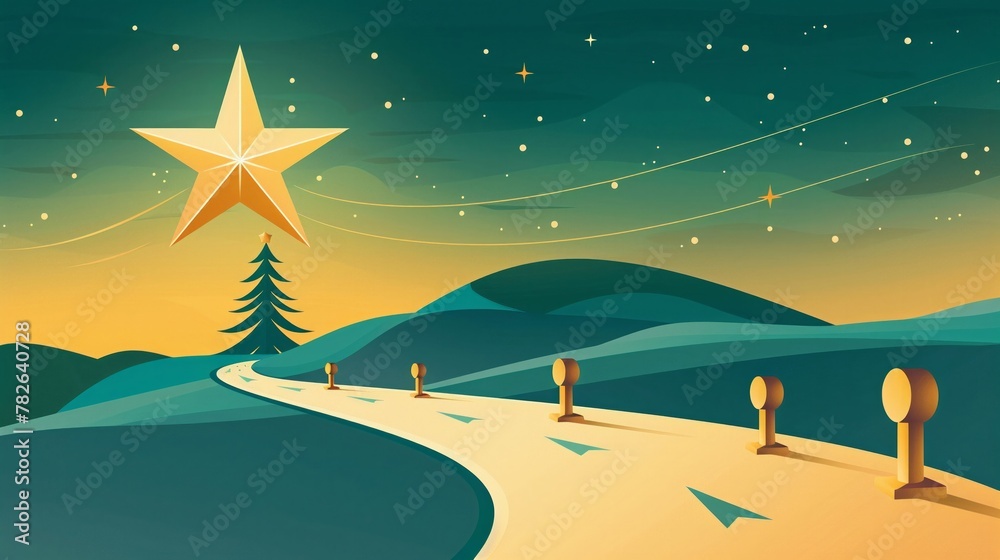 Path winding through milestone markers under a guiding star ...