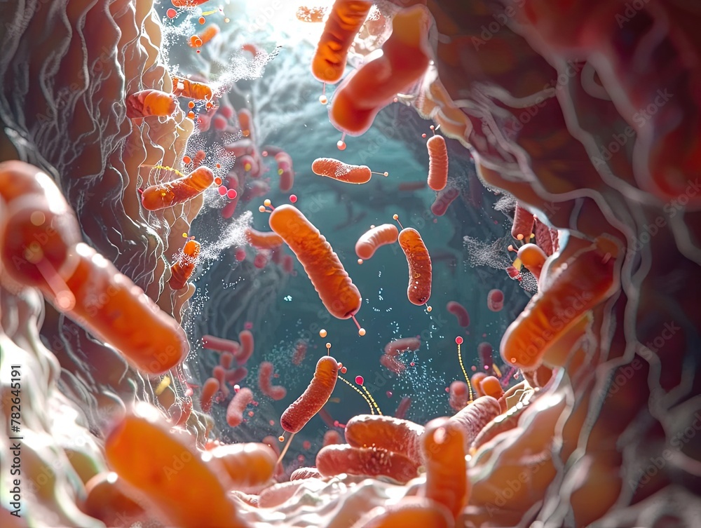 A dynamic 3D scene of Salmonella bacteria invading intestinal ...