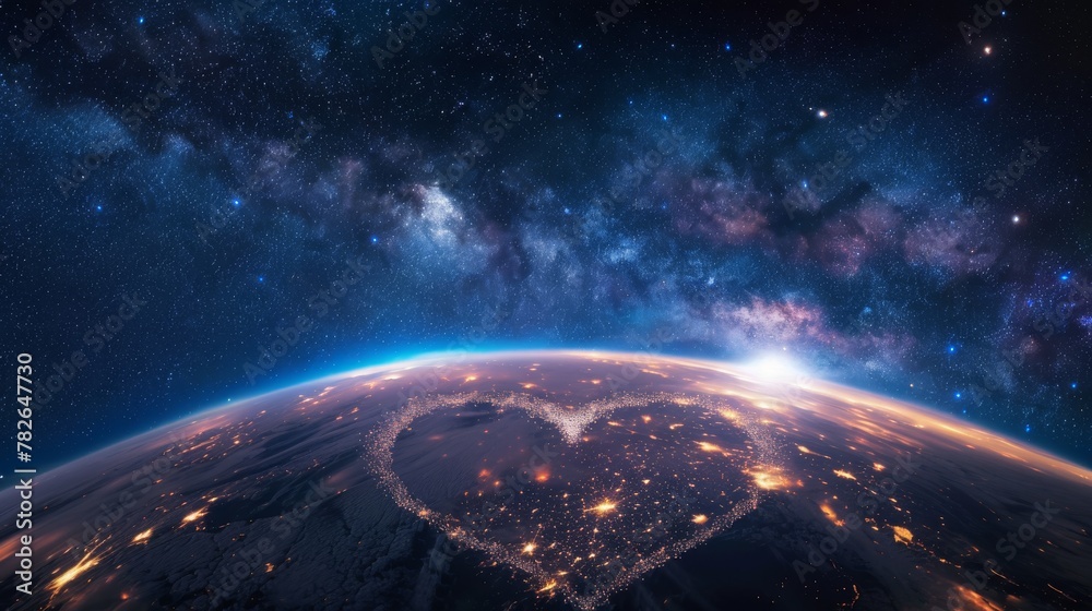 Earth is depicted with a heart shape in the center, symbolizing love ...