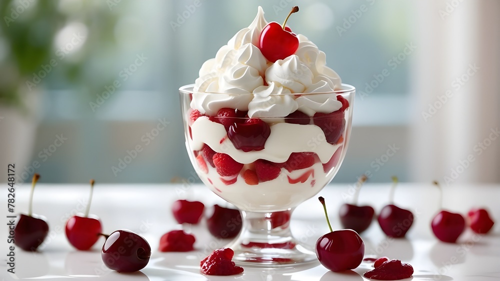 /imagine prompt: A sundae with whipped cream and cherries in a glass ...