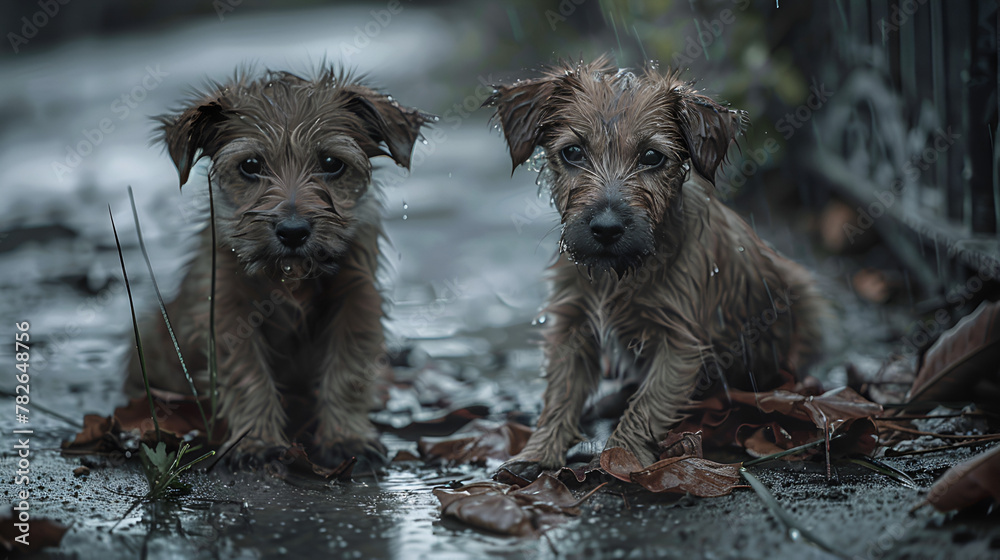 dos perros cachorros tristes abandonados reflejando en sus ojos su ...