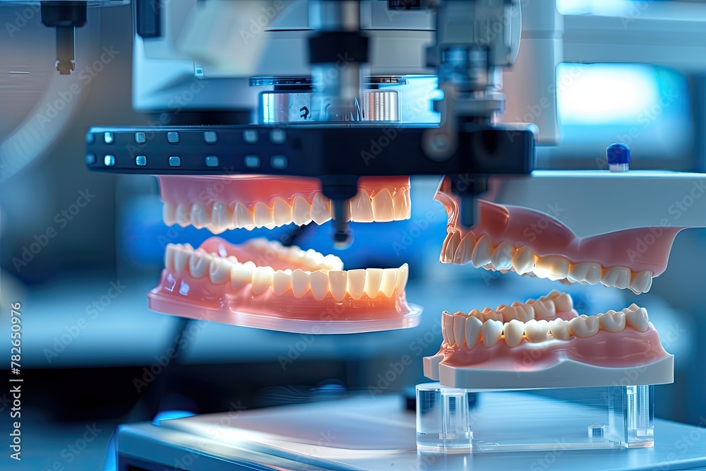 3D printing dental prostheses process in a lab, light colors, realistic ...
