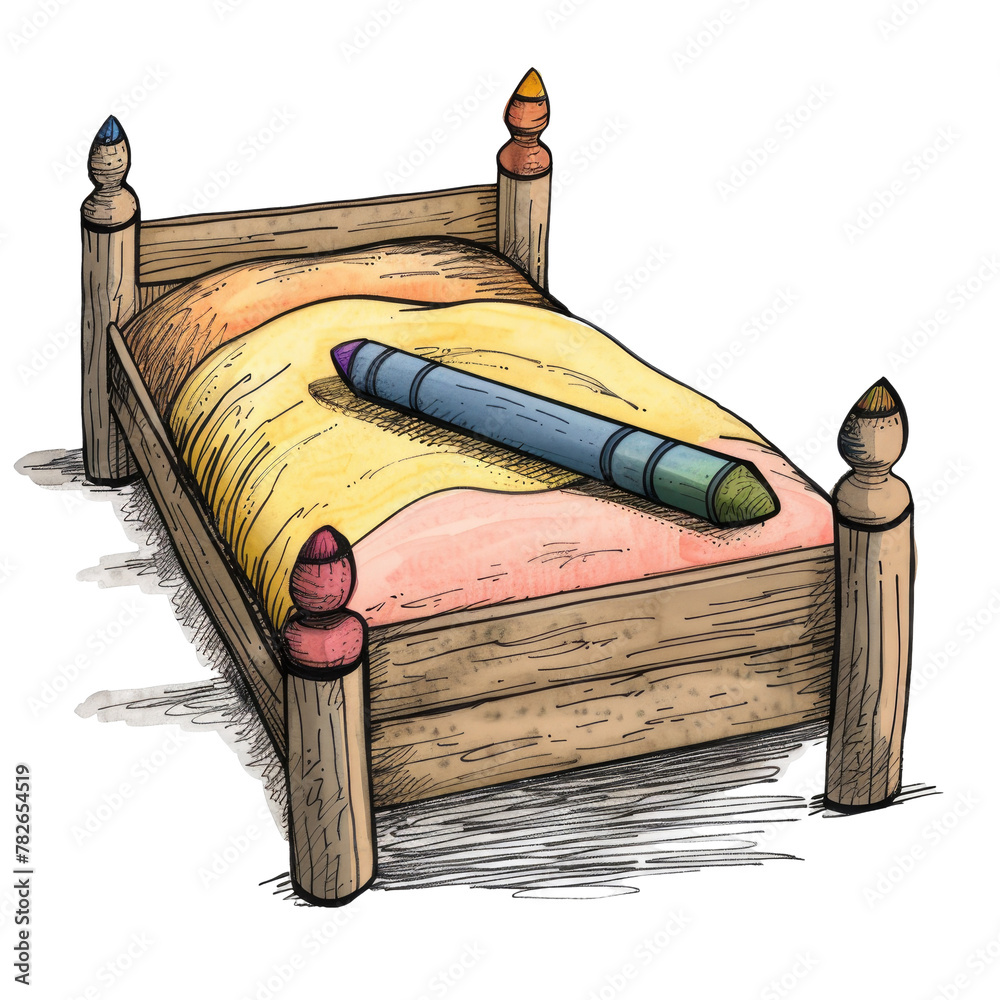 A cartoon crayon in a calm position, lying comfortably on a bed in a ...