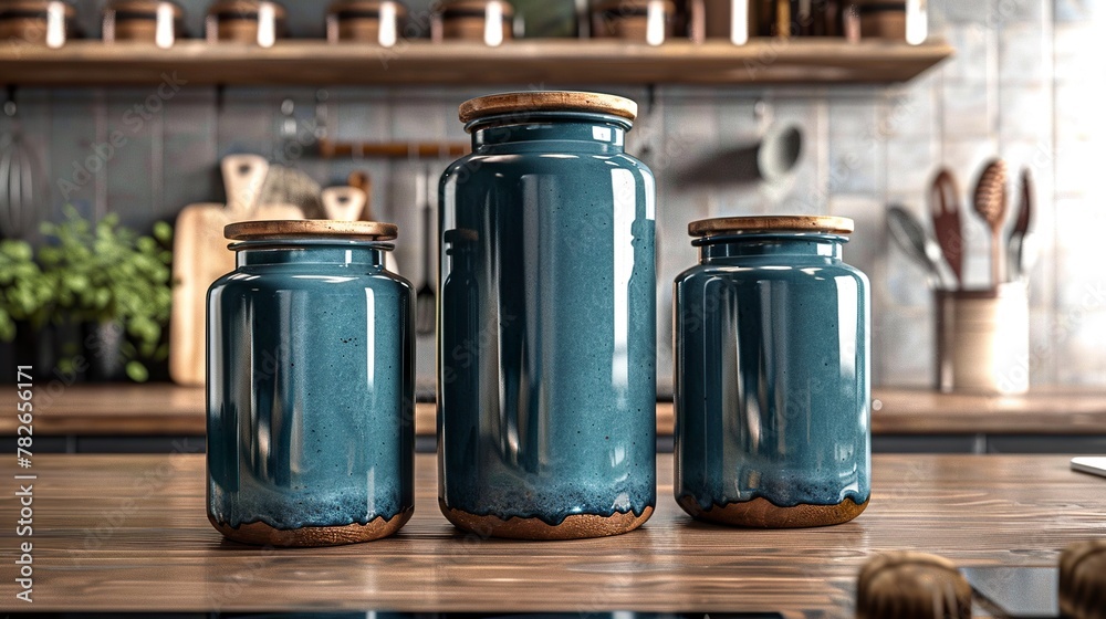 Set of storage containers made from teal stoneware ceramic in ...