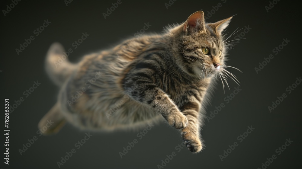 With a funny pose and curious eyes, a tabby cat leaps through the air ...
