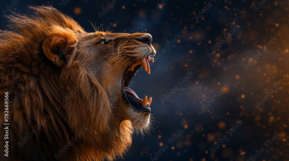 a dangerous roaring lion, its muscular frame and ferocious expression ...