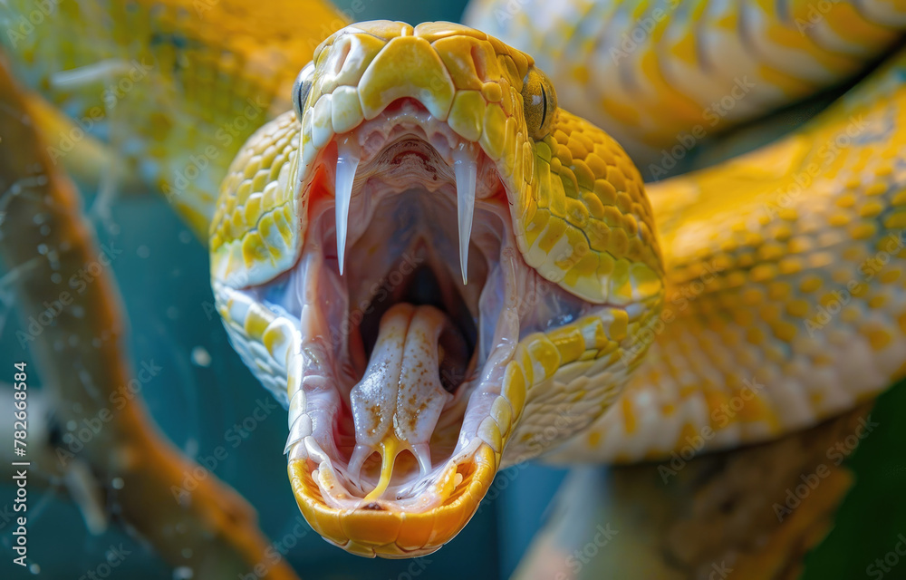 a close up of the head and open mouth yellow green snake with black ...
