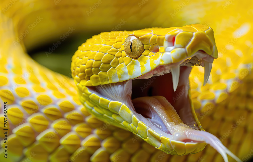 a close up of the head and open mouth yellow green snake with black ...