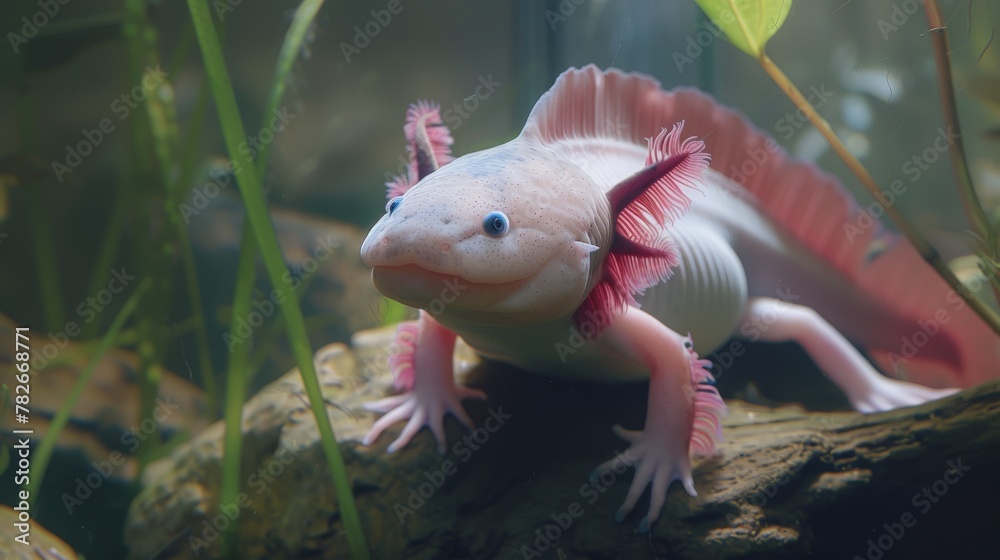 color photo of a fascinating axolotl, its unique pink coloration and ...