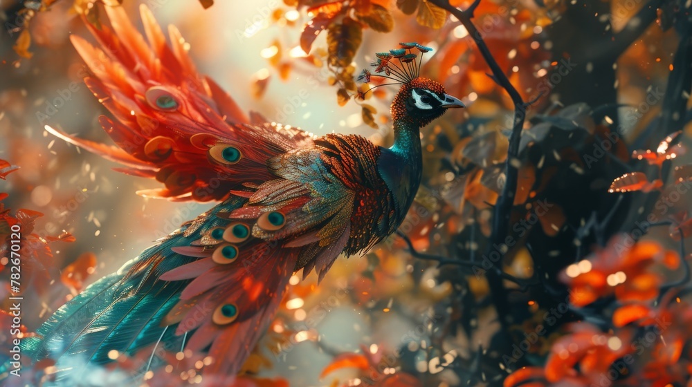 color photo of a magnificent peacock, its iridescent feathers spread ...