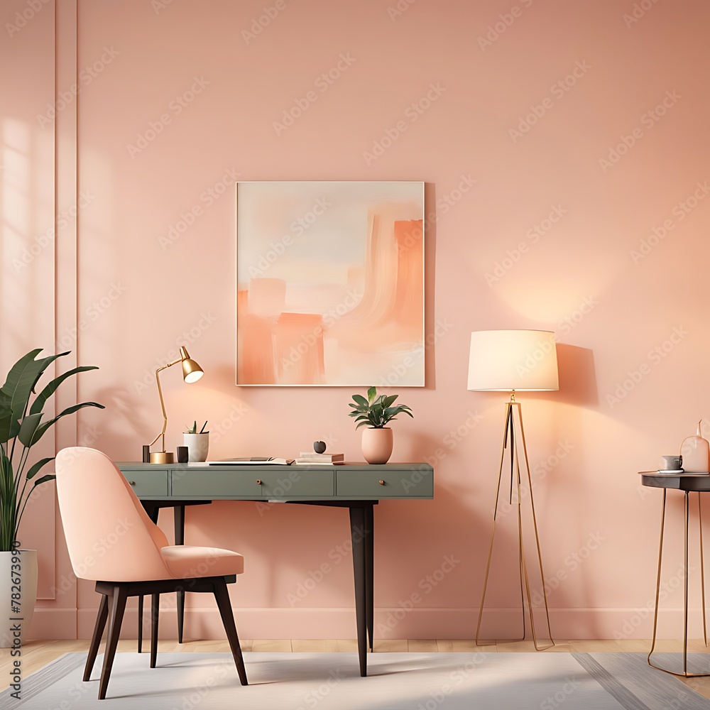 Workplace in Peach Fuzz color trend. Painted walls and rich furniture ...