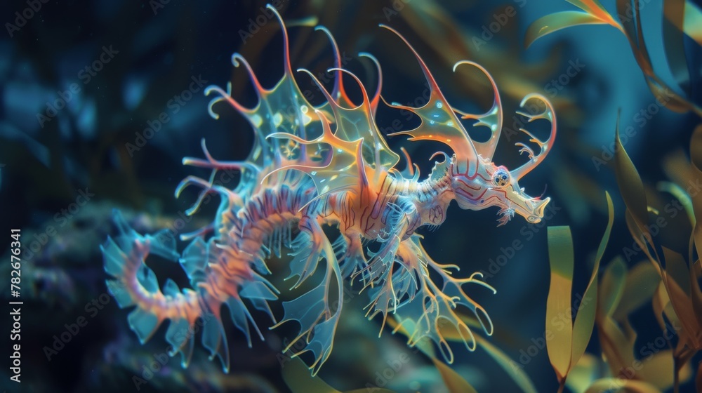 color photo of an ethereal leafy seadragon, its intricately patterned ...