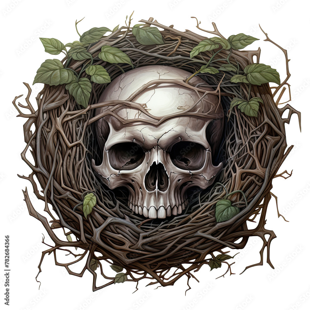 In a forest clearing, a playful cartoon skull builds a nest out of ...